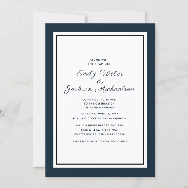 Modern Elegant Navy Blue White Wedding Invitation | Zazzle