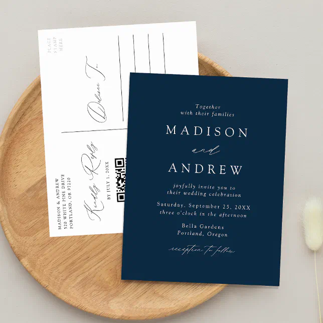 Modern Elegant Navy QR Code Wedding Invitation Postcard | Zazzle