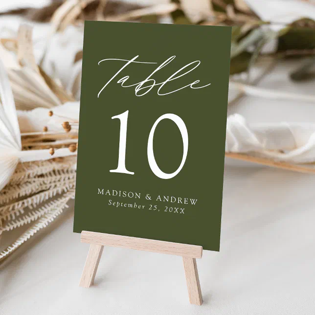 Modern Elegant Olive Green Wedding Table Number | Zazzle