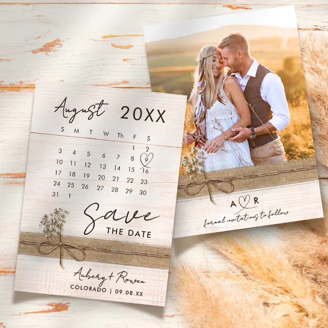Modern Elegant Photo Calendar Rustic Wood Wedding Save The Date | Zazzle
