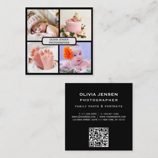 Modern elegant photo collage photographer qr code square business card ...