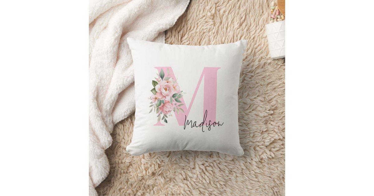 Modern Elegant Pink Floral Initial Name Monogram Throw Pillow | Zazzle