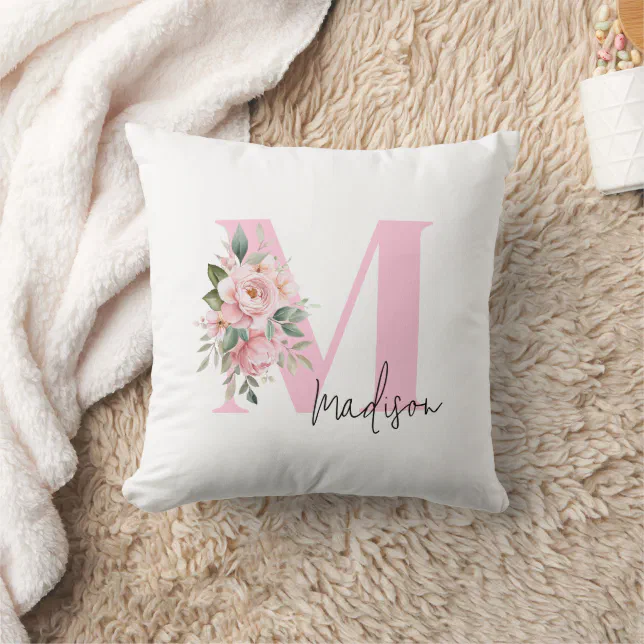 Modern Elegant Pink Floral Initial Name Monogram Throw Pillow | Zazzle