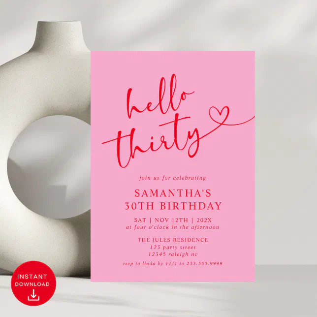 Modern Elegant Pink Red Hello 30th Birthday Party Invitation | Zazzle