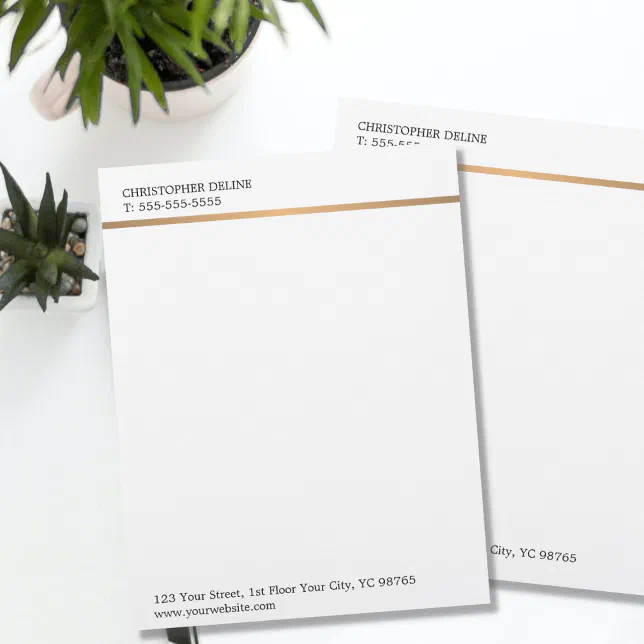 Modern Elegant Plain White Faux Copper Line Letterhead | Zazzle