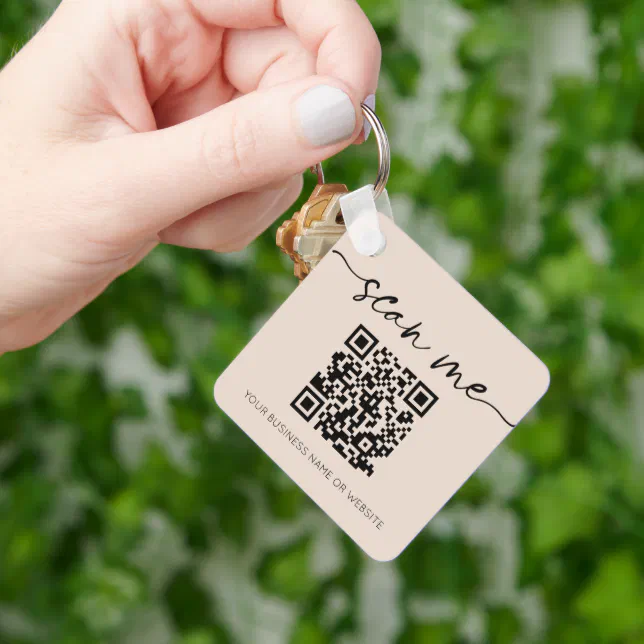 Modern Elegant QR Code Business Beige Keychain | Zazzle
