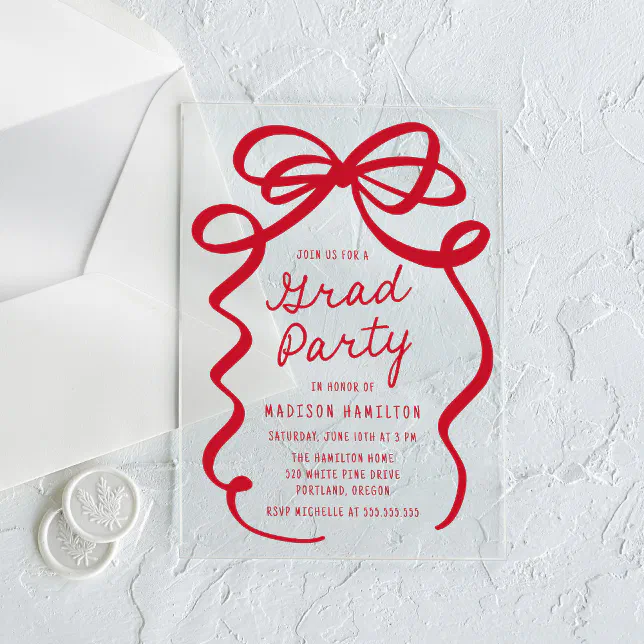 Modern Elegant Red Bow Graduation Party Acrylic Invitations | Zazzle