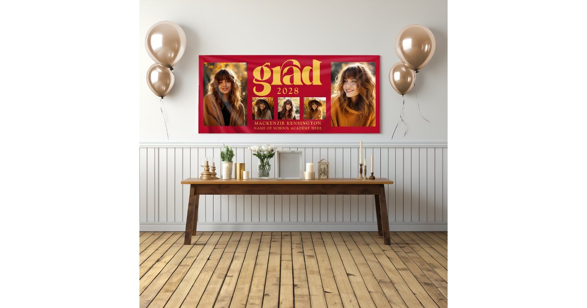 Modern Elegant Red Gold Graduation Photo Collage Banner | Zazzle
