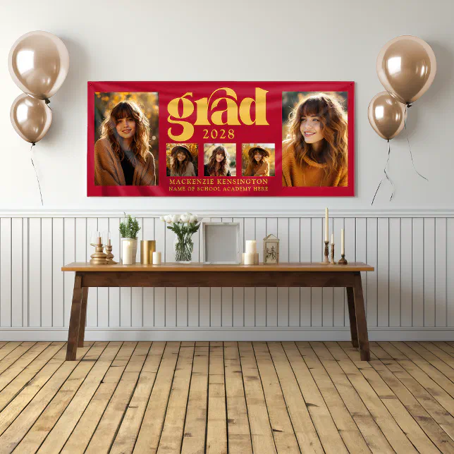 Modern Elegant Red Gold Graduation Photo Collage Banner | Zazzle