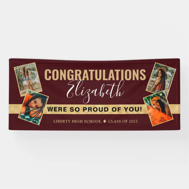 Modern Elegant Red Gold Photo Collage Graduation Banner | Zazzle