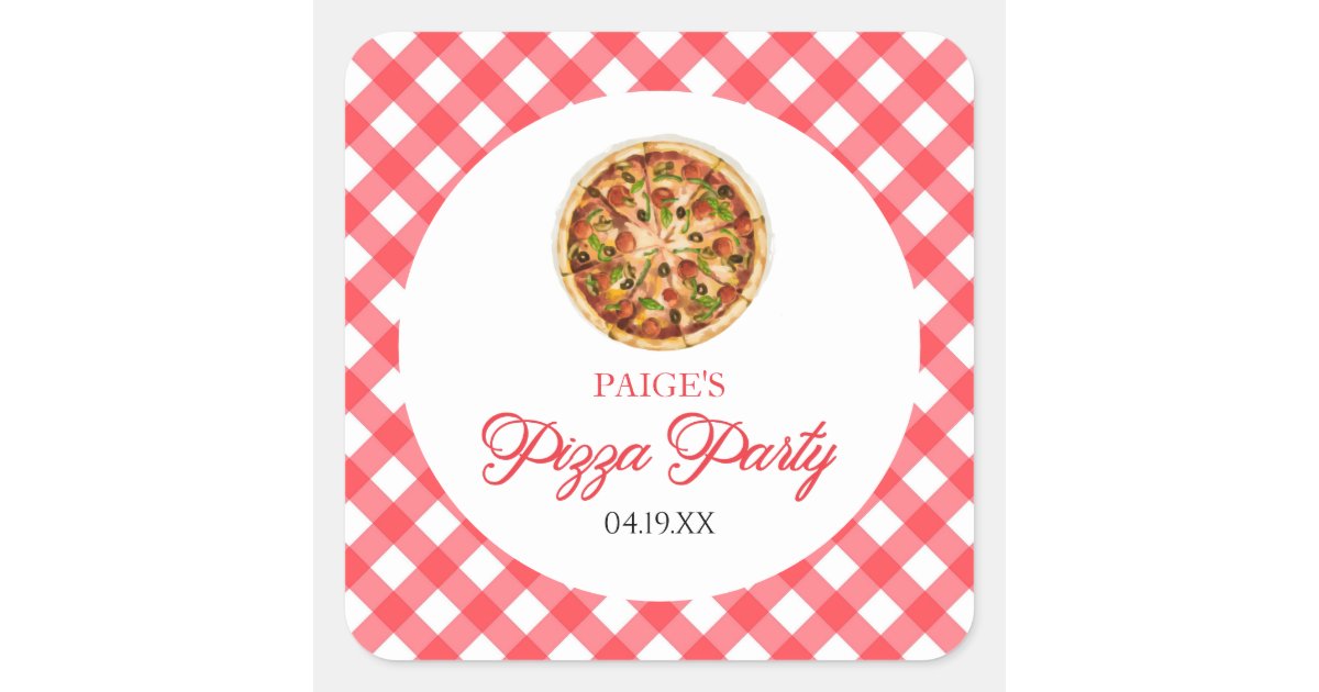 Modern Elegant Red Pizza Party Birthday Party Square Sticker | Zazzle