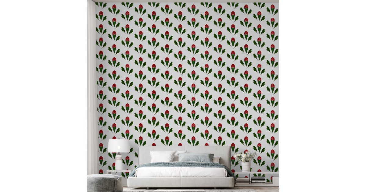 Modern Elegant Red Roses & Green Holly Pattern Wallpaper | Zazzle