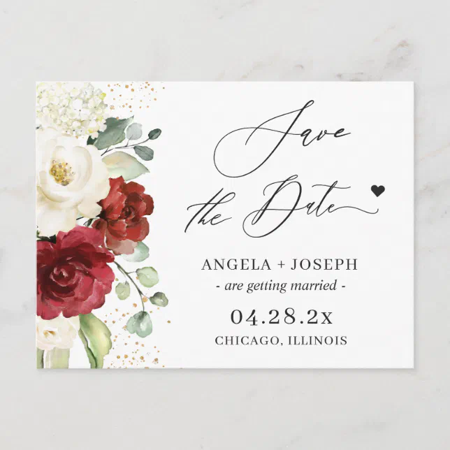 Modern Elegant Red White Floral Save the Date Postcard | Zazzle