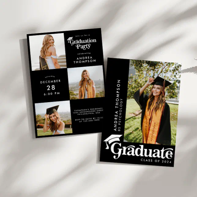 Modern Elegant Retro Graduation Cap Photo Collage Invitation | Zazzle