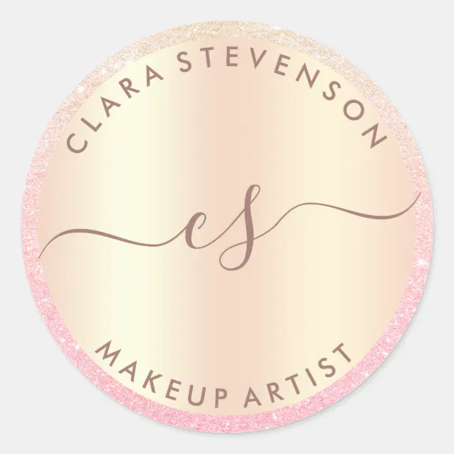 Modern elegant rose gold glitter makeup artist classic round sticker ...