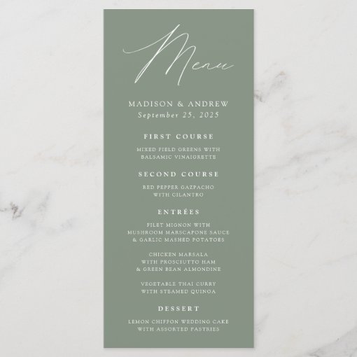 Modern Elegant Sage Green Wedding Menu | Zazzle