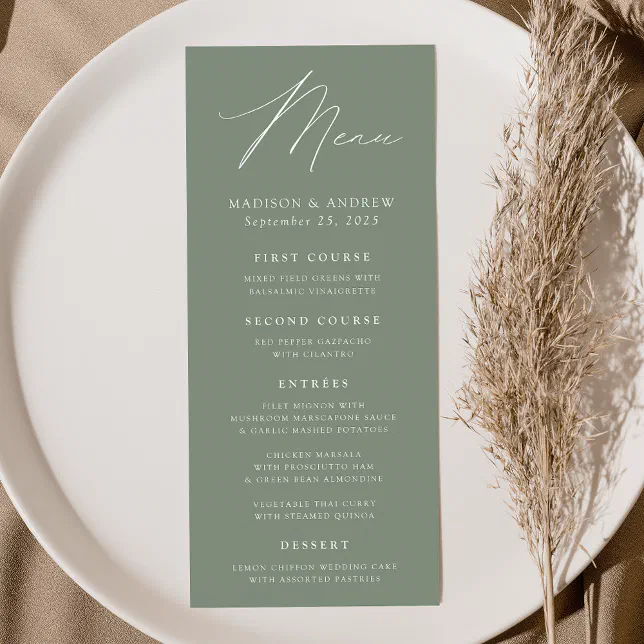Modern Elegant Sage Green Wedding Menu | Zazzle