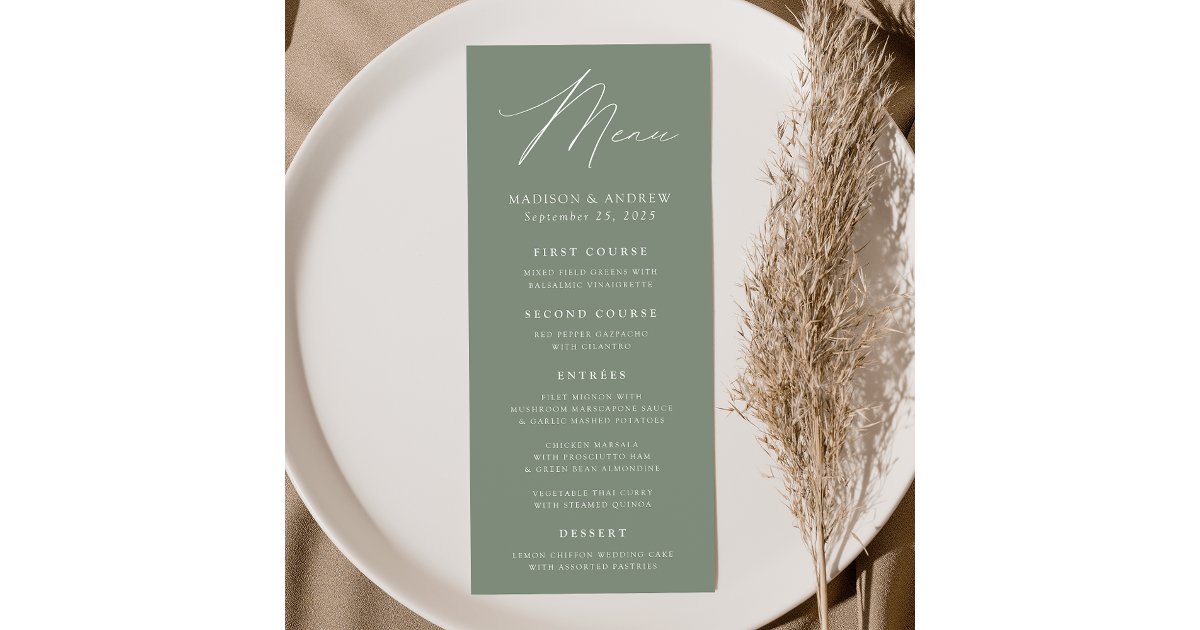Modern Elegant Sage Green Wedding Menu | Zazzle