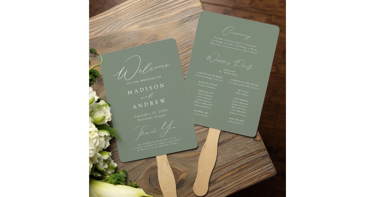 Modern Elegant Sage Green Wedding Program Hand Fan | Zazzle