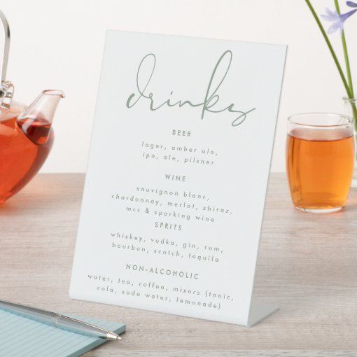 Modern Elegant Sage Green White Wedding Drink Menu Pedestal Sign | Zazzle