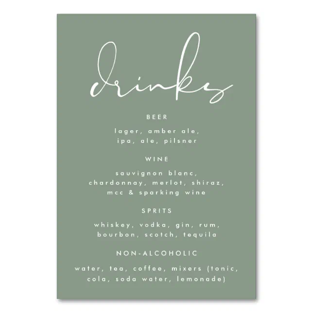 Modern Elegant Sage Green White Wedding Drink Menu Table Number | Zazzle