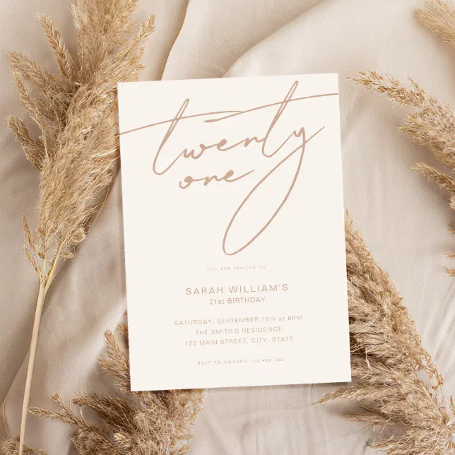 Modern Elegant Script Beige 21st Birthday Party Invitation | Zazzle