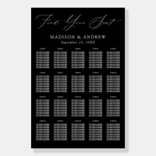 Modern Elegant Script Black 20 Table Seating Chart Foam Board | Zazzle