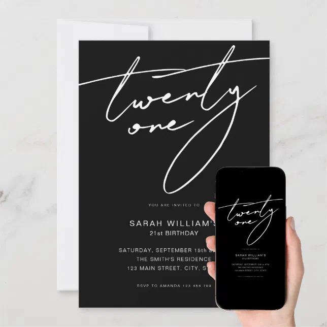 Modern Elegant Script Black 21st Birthday Party Invitation | Zazzle