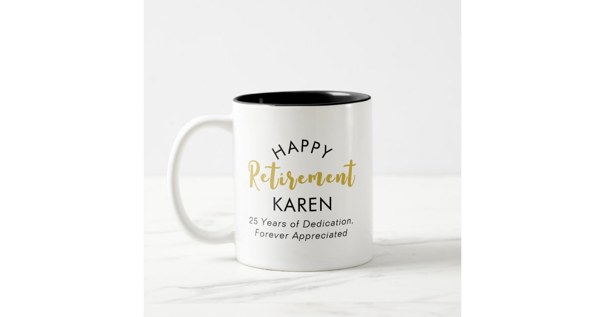 Modern Elegant Script Black Gold Happy Retirement Two-Tone Coffee Mug ...