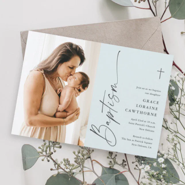 Modern Elegant Script Boys Photo Baptism Invitation | Zazzle