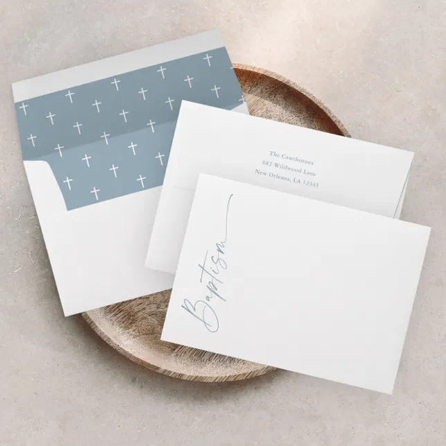 Modern Elegant Script Dusty Blue Boys Baptism Envelope | Zazzle
