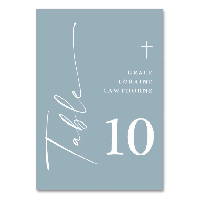 Modern Elegant Script Dusty Blue First Communion Table Number | Zazzle