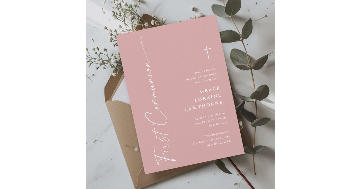 Modern Elegant Script Dusty Pink First Communion Invitation | Zazzle