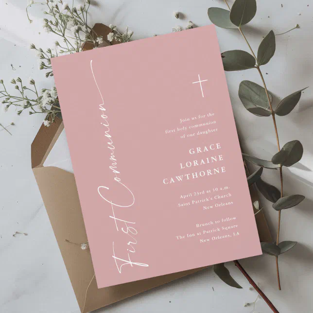 Modern Elegant Script Dusty Pink First Communion Invitation | Zazzle