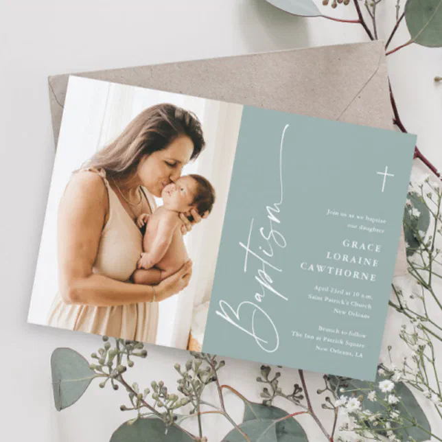 Modern Elegant Script Gender Neutral Photo Baptism Invitation | Zazzle