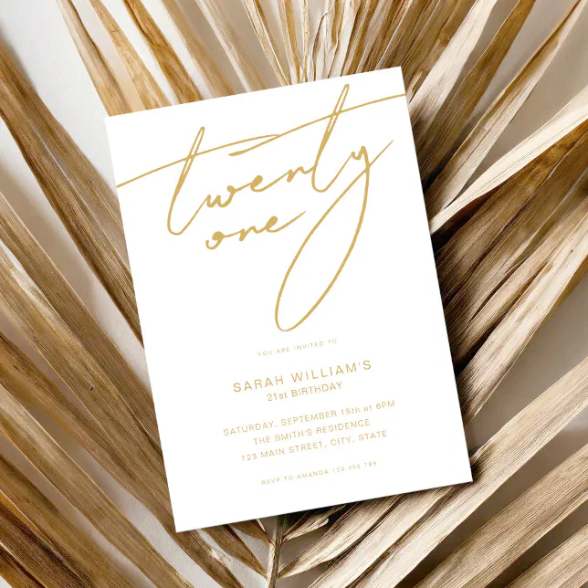Modern Elegant Script Gold 21st Birthday Party Invitation | Zazzle