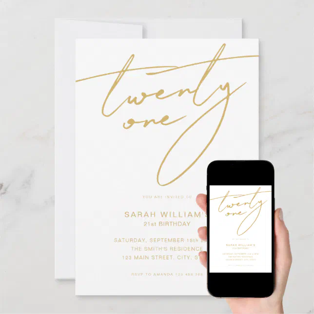 Modern Elegant Script Gold 21st Birthday Party Invitation | Zazzle