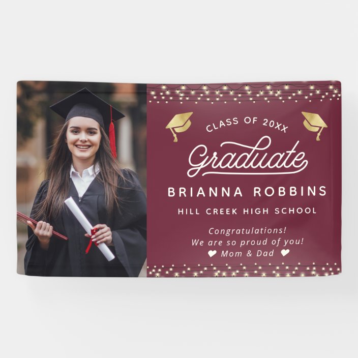 Modern Elegant Script Gold Graduation Photo Maroon Banner | Zazzle.com