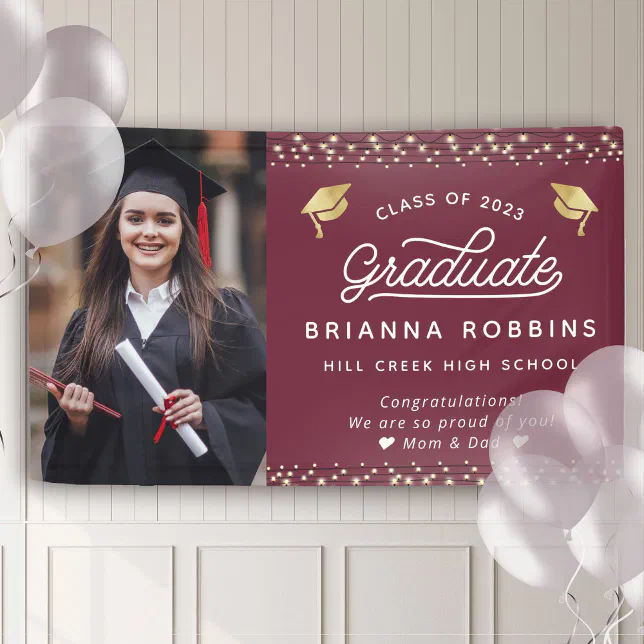 Modern Elegant Script Gold Graduation Photo Maroon Banner | Zazzle