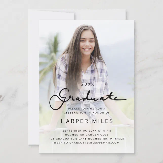 Modern elegant script gradient graduation photo invitation | Zazzle