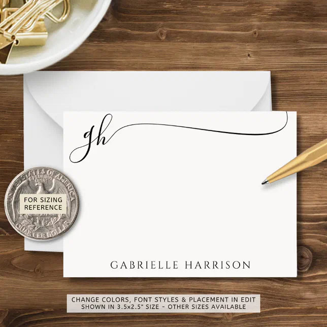 Modern Elegant Script Monogram Initials Black Note Card | Zazzle