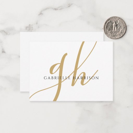 Modern Elegant Script Monogram Name Black Gold Note Card | Zazzle