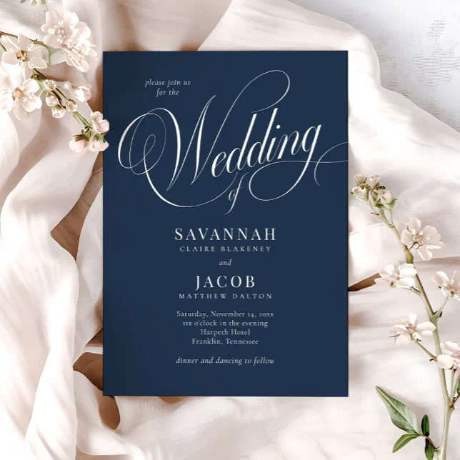 Modern Elegant Script Navy Blue Wedding Invitation | Zazzle