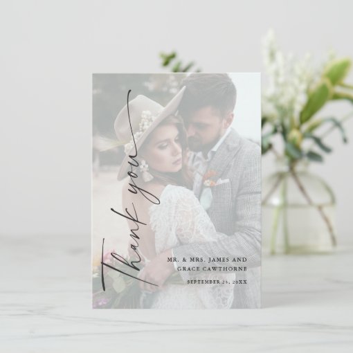 Modern Elegant Script Photo Wedding Thank You Card | Zazzle