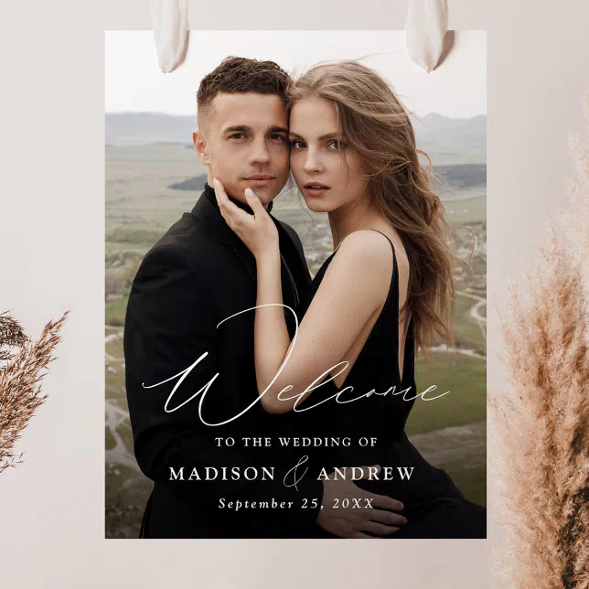 Modern Elegant Script Photo Wedding Welcome Sign | Zazzle
