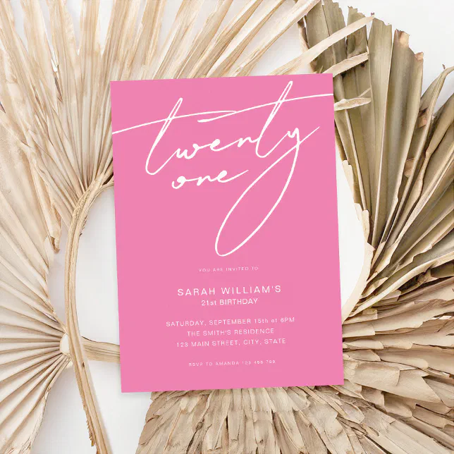 Modern Elegant Script Pink 21st Birthday Party Invitation | Zazzle