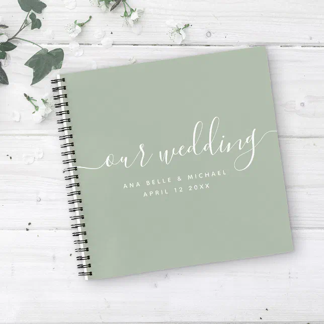 Modern Elegant Script Sage Green Wedding Guest Notebook | Zazzle