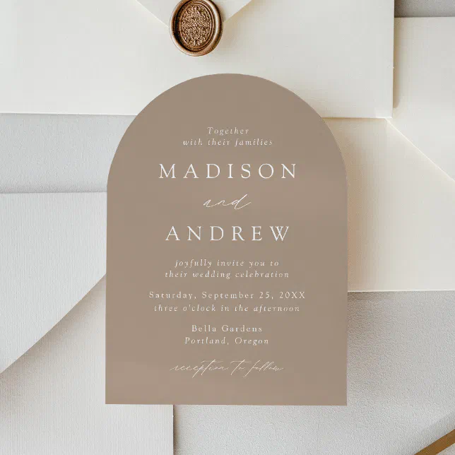 Modern Elegant Script Taupe Arch Wedding Invitation | Zazzle