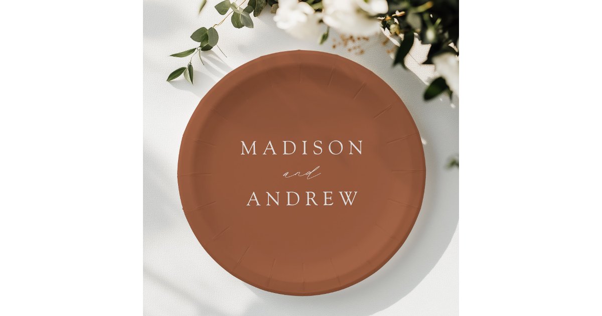 Modern Elegant Script Terracotta Wedding Paper Plates | Zazzle
