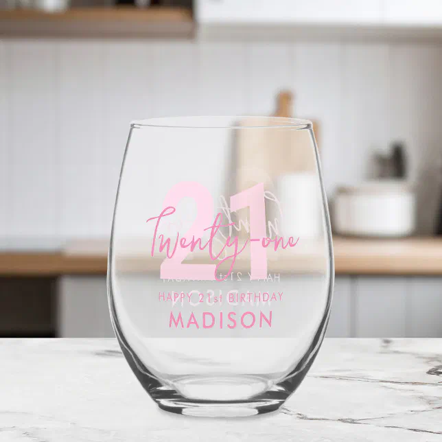 Modern Elegant Script Twenty One 21st Birthday Stemless Wine Glass | Zazzle